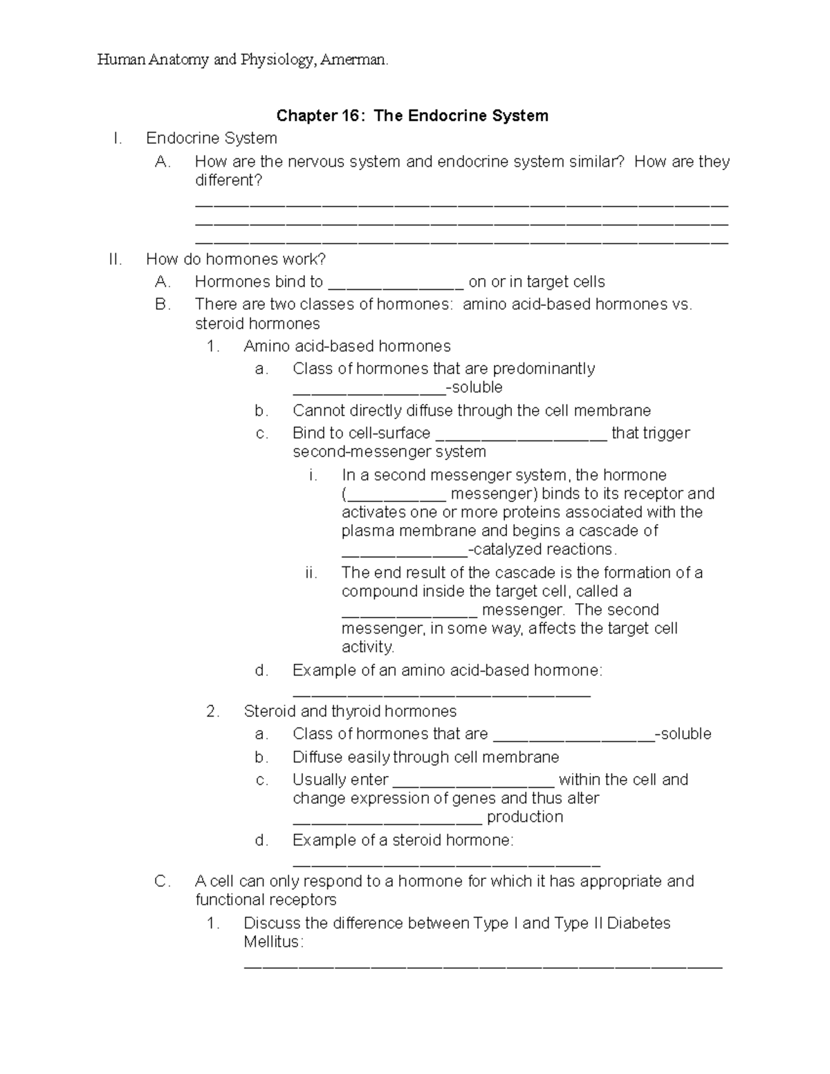 BIO 109 Chapter 16 Outline Notes Amerman - Human Anatomy and Physiology ...