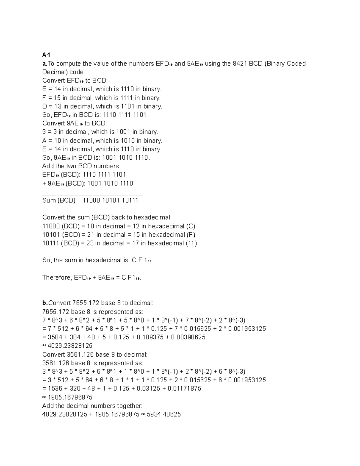 DCIT 102 - A1. a compute the value of the numbers EFD₁₆ and 9AE₁₆ using ...