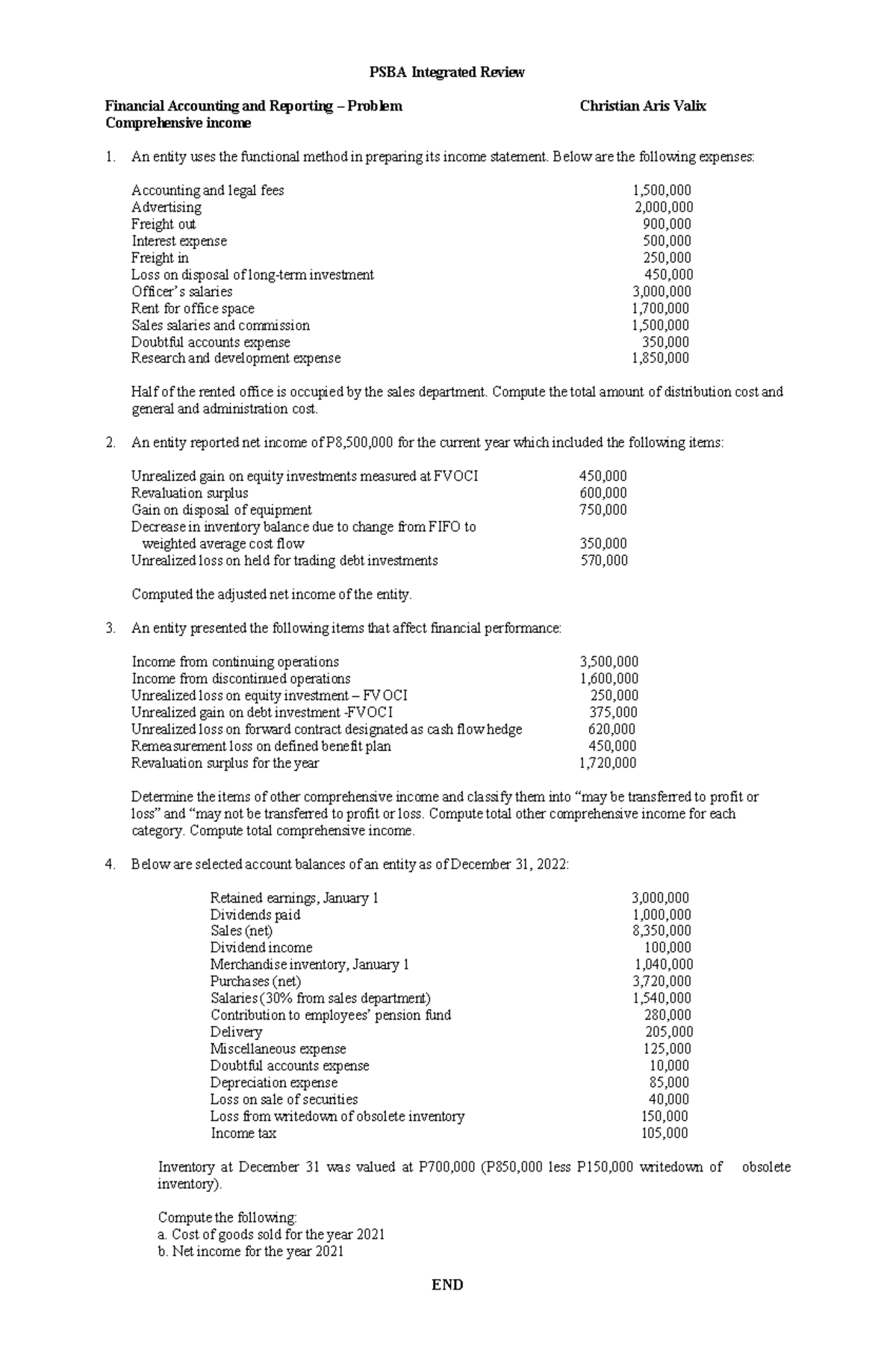 Comprehensive Income Problems - PSBA Integrated Review Financial ...
