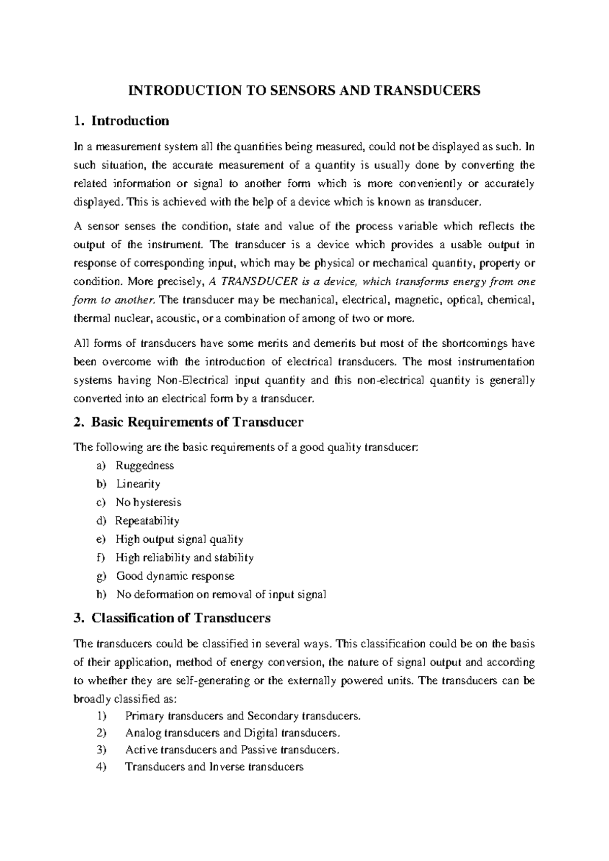 Introduction to sensor tranducer copy - INTRODUCTION TO SENSORS AND TRANSDUCERS 1. Introduction ...
