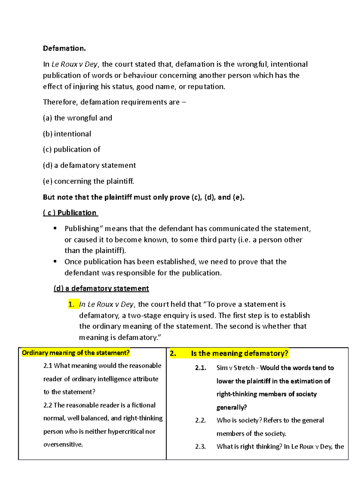 Law of delict. Defamation - Defamation. In Le Roux v Dey, the court ...