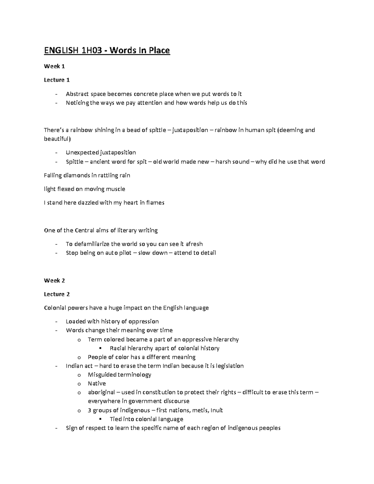 English 1H03 notes - lecture - ENGLISH 1H03 - Words In Place Week 1 ...