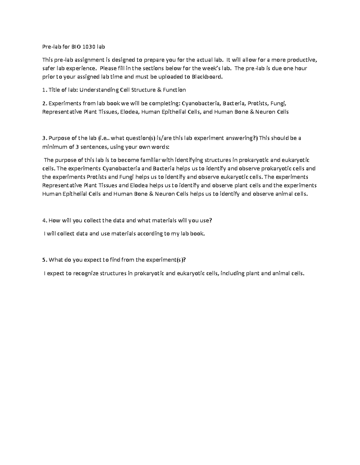 Understanding Cell Structure and Function - Pre-lab for BIO 1030 lab This pre-lab assignment is ...