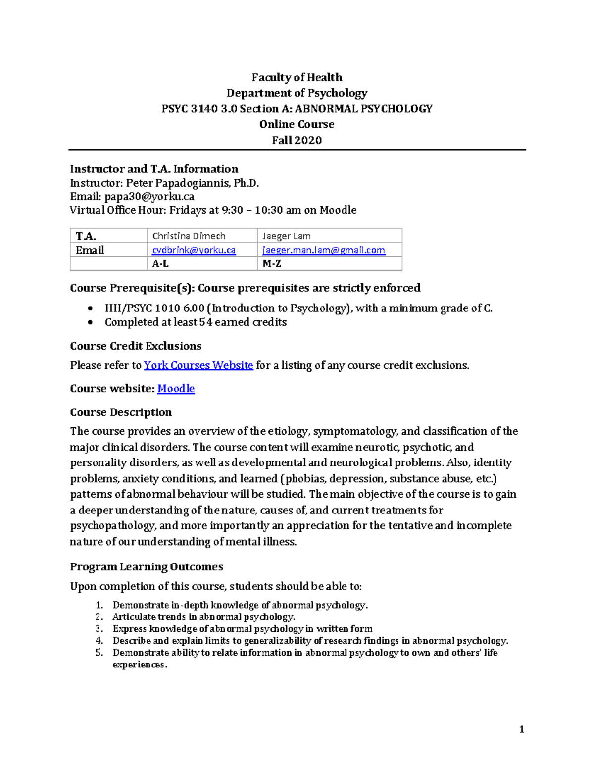 PSYC-3140A Course-Outline Papadogiannis F2020 syllabus - Faculty of Health Department of ...