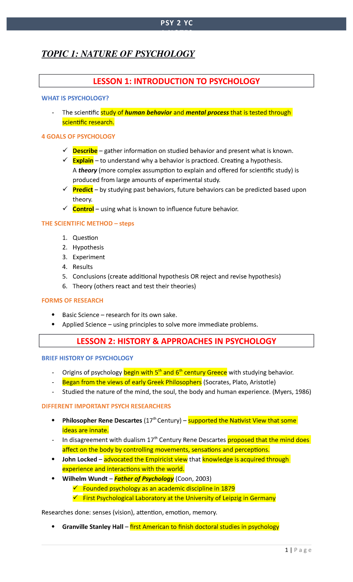 PSYCHOLOGY 2 SUMMARY OF NOTES (1ST QUARTER) - TOPIC 1: NATURE OF ...
