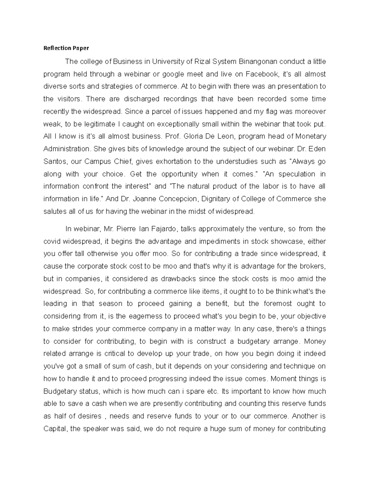 Reflection - Entrepreneurial Management - Reflection Paper The college ...