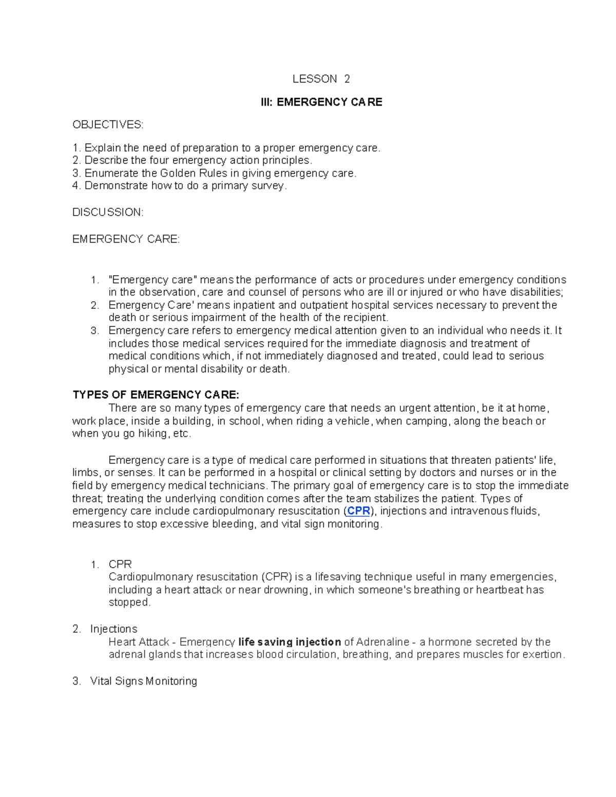 PE Lesson 2 Emergency Care and Precautions to Prevent Disease ...