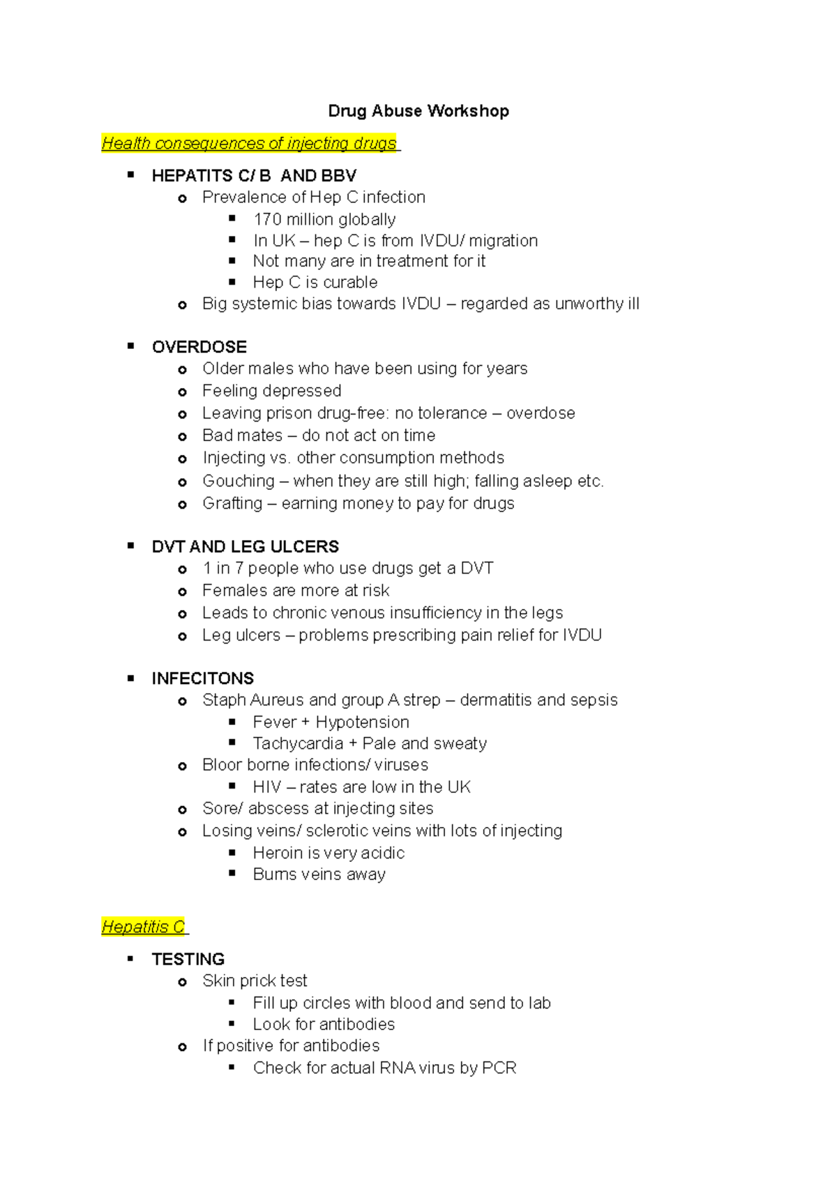 Drug Abuse Workshop - Lecture notes 17 - Drug Abuse Workshop Health ...