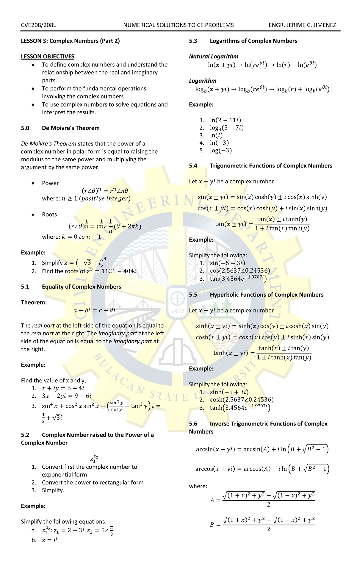 CVE208.Num Sol.Complex Numbers - CVE208/208L NUMERICAL SOLUTIONS TO CE PROBLEMS ENGR. JERIME C ...
