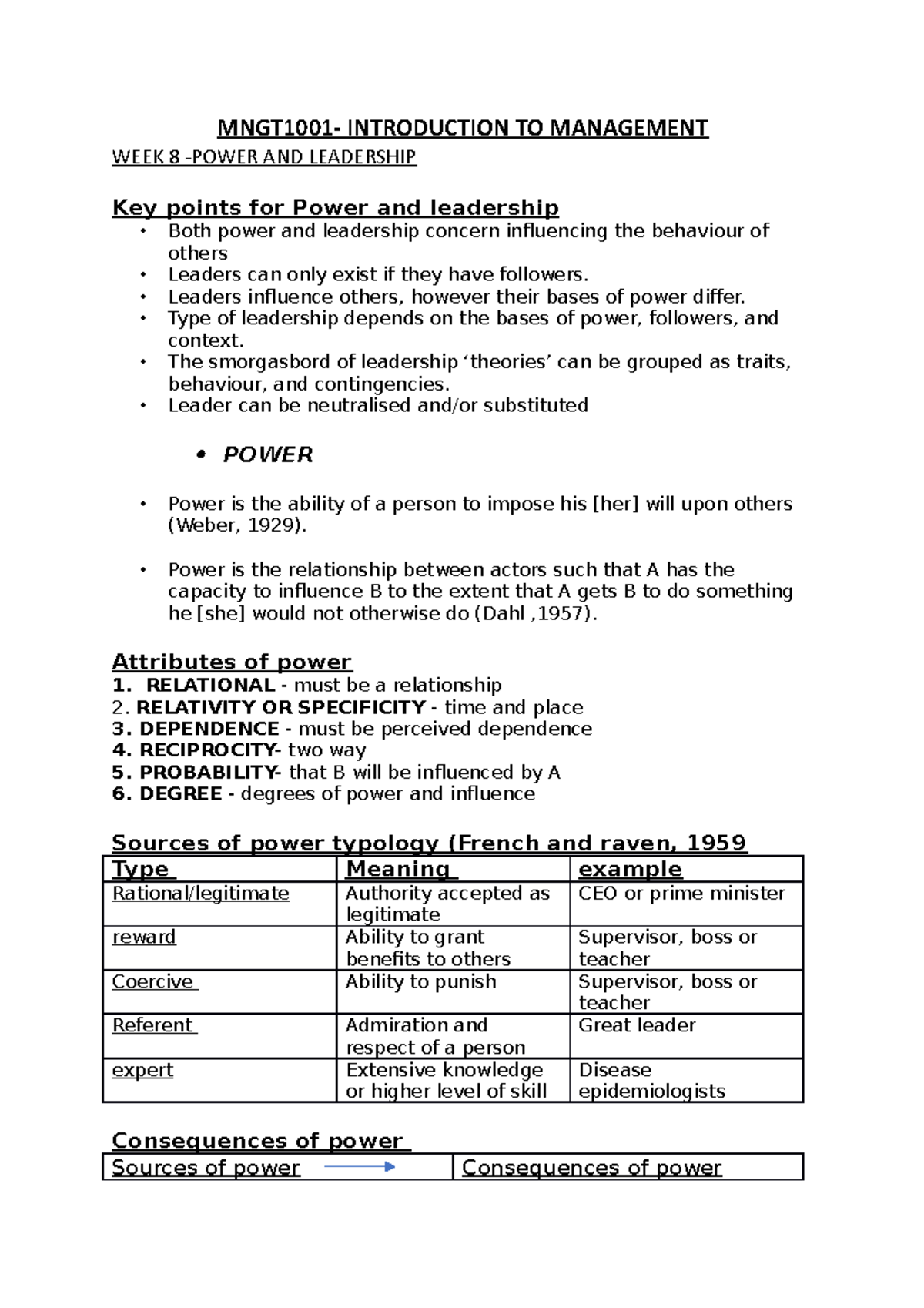 MNGT1001- power and leadership - MNGT1001- INTRODUCTION TO MANAGEMENT ...