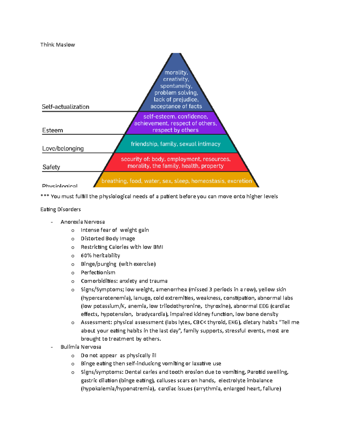 Final Exam notes - Think Maslow *** You must fulfill the physiological ...