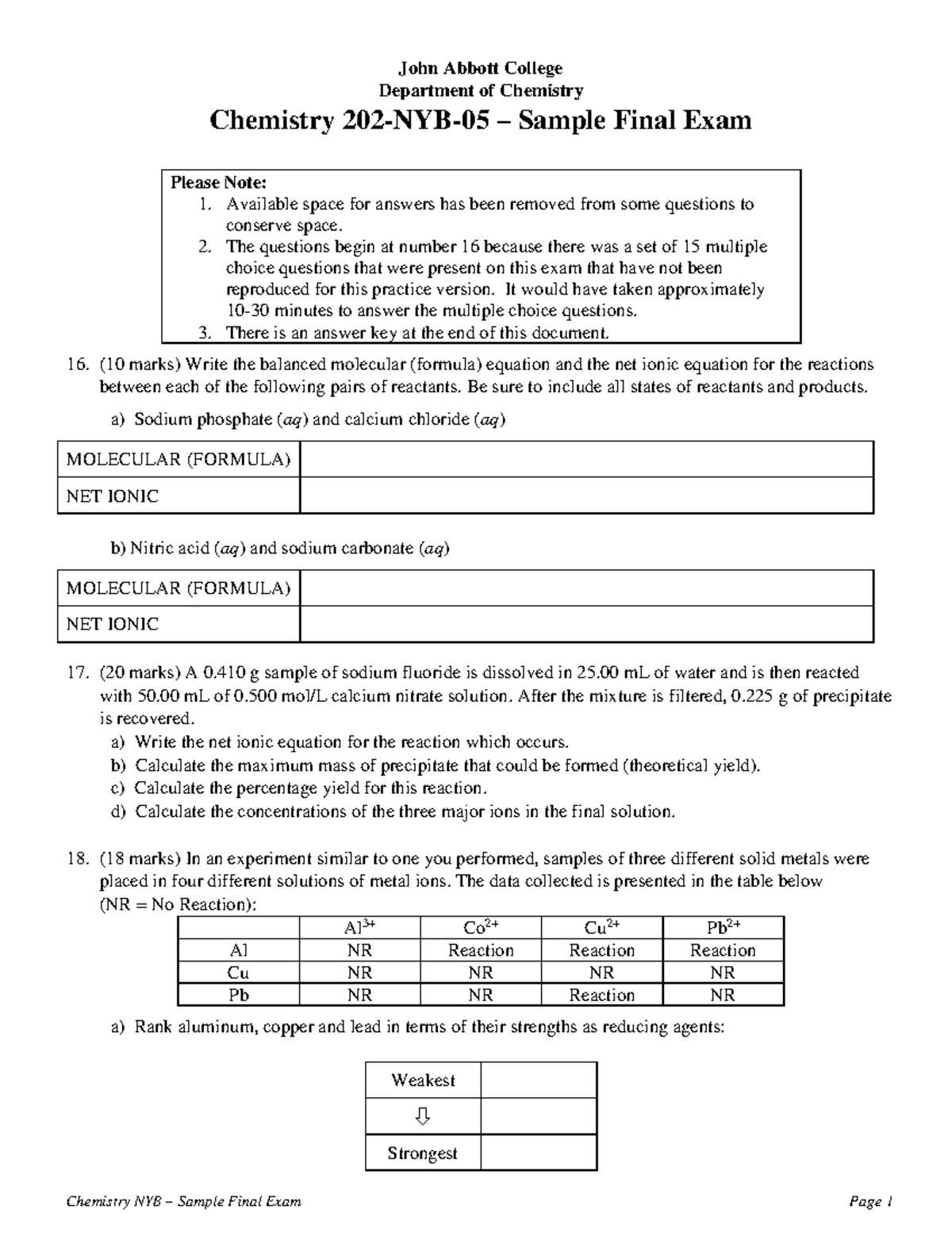 Chemistry 202 NYB 05 Sample Final Exam V 2 - John Abbott College ...
