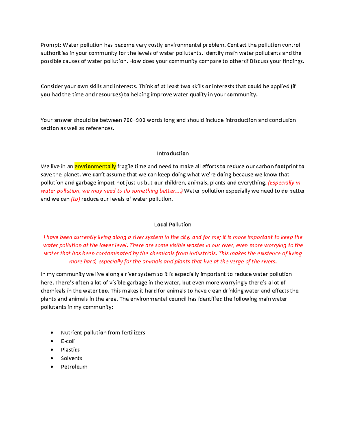 Sample Submit - Fictitous Student assignment - Prompt: Water pollution ...