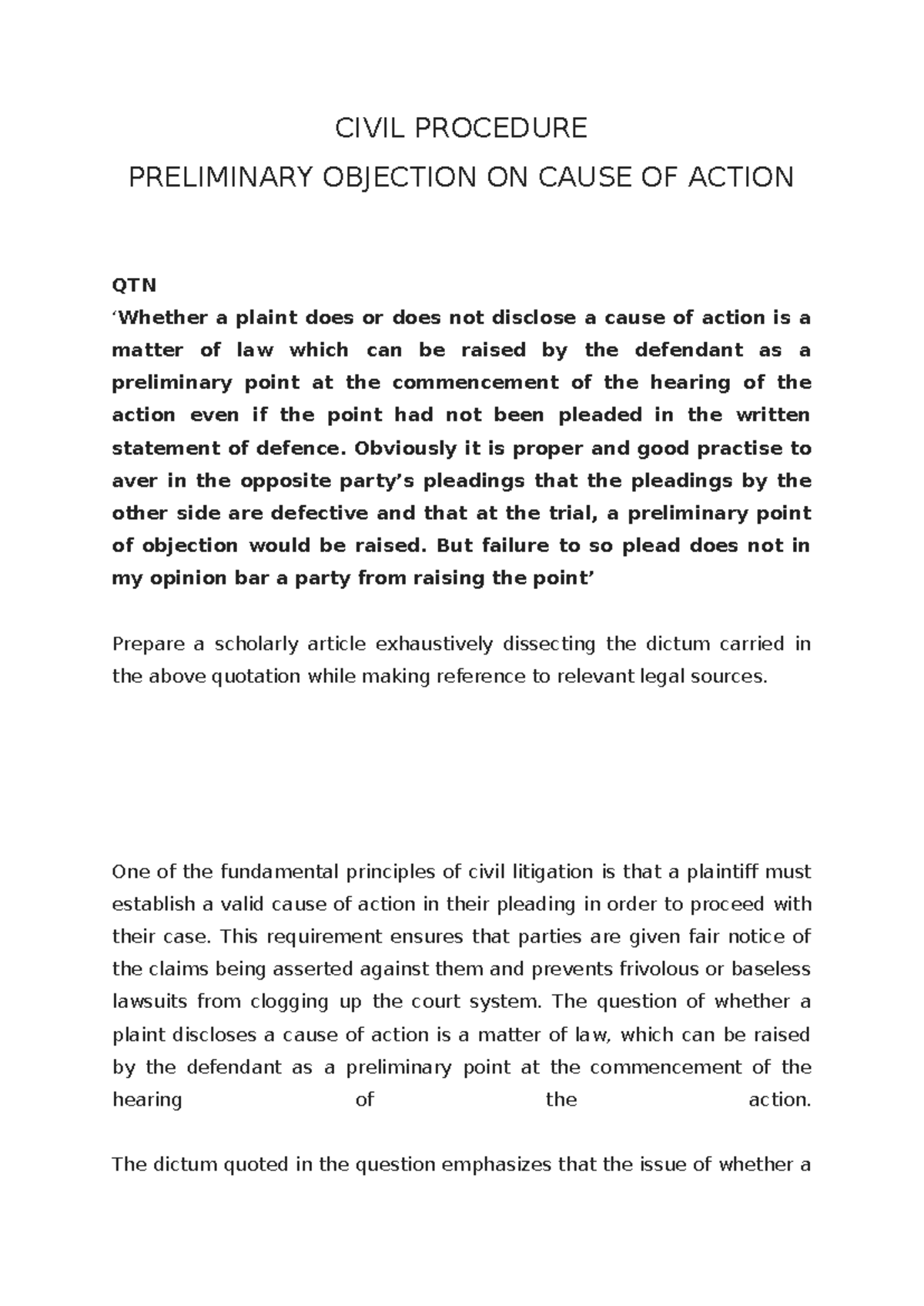 Preliminary Objection Cause of action - CIVIL PROCEDURE PRELIMINARY ...