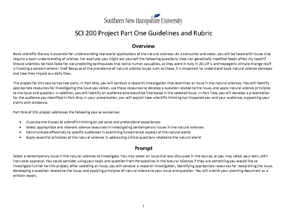 SCI 200 Project Part One Guidelines and Rubric Overview - Studocu