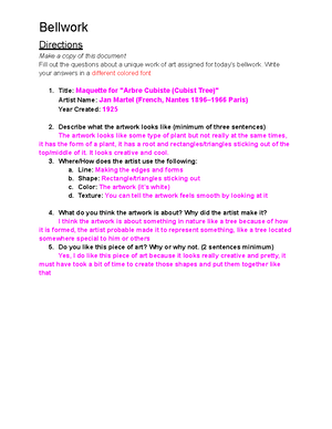 Copy of Describe a Masterpiece Template - Bellwork Directions Make a ...