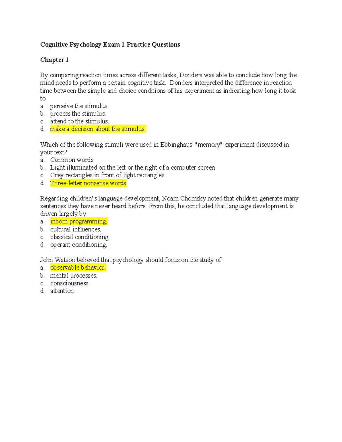 Cognitive Psychology Exam 1 Practice Questions Spring 2024 - Cognitive ...