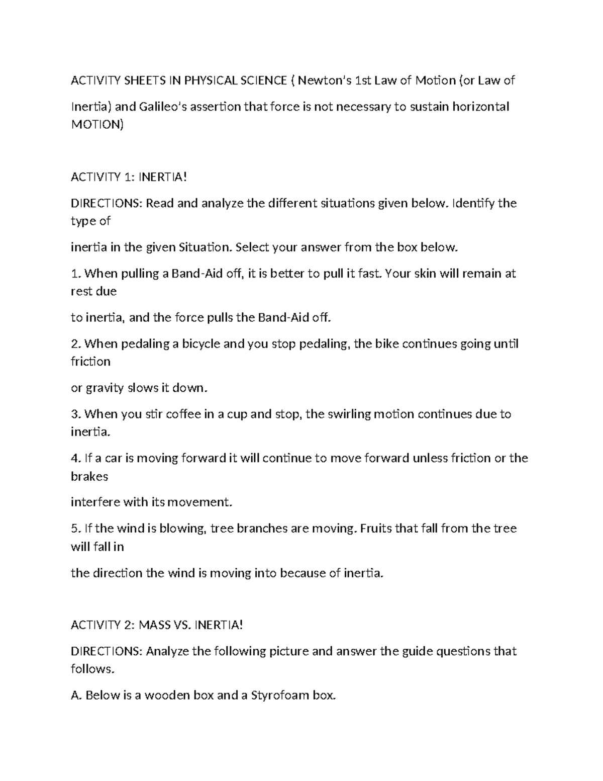 Activity Sheets IN Physical Science Newtons law vs Galileo - ACTIVITY ...