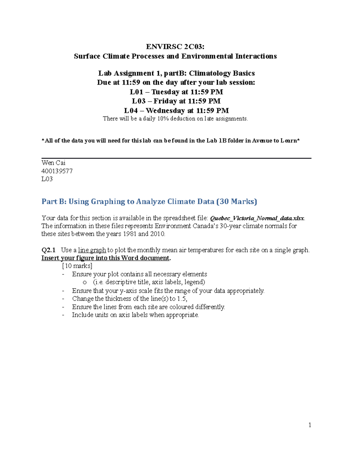 Envirsc 2c03 Lab1b Envirsc 2c03 Surface Climate Processes And Environmental Interactions Lab