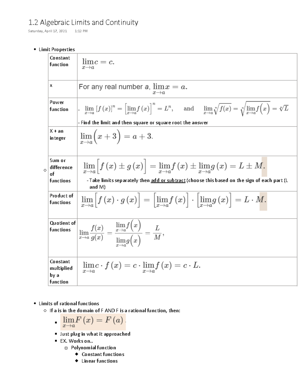 1.2 Algebraic Limits and Continuity - Limit Properties Constant ...
