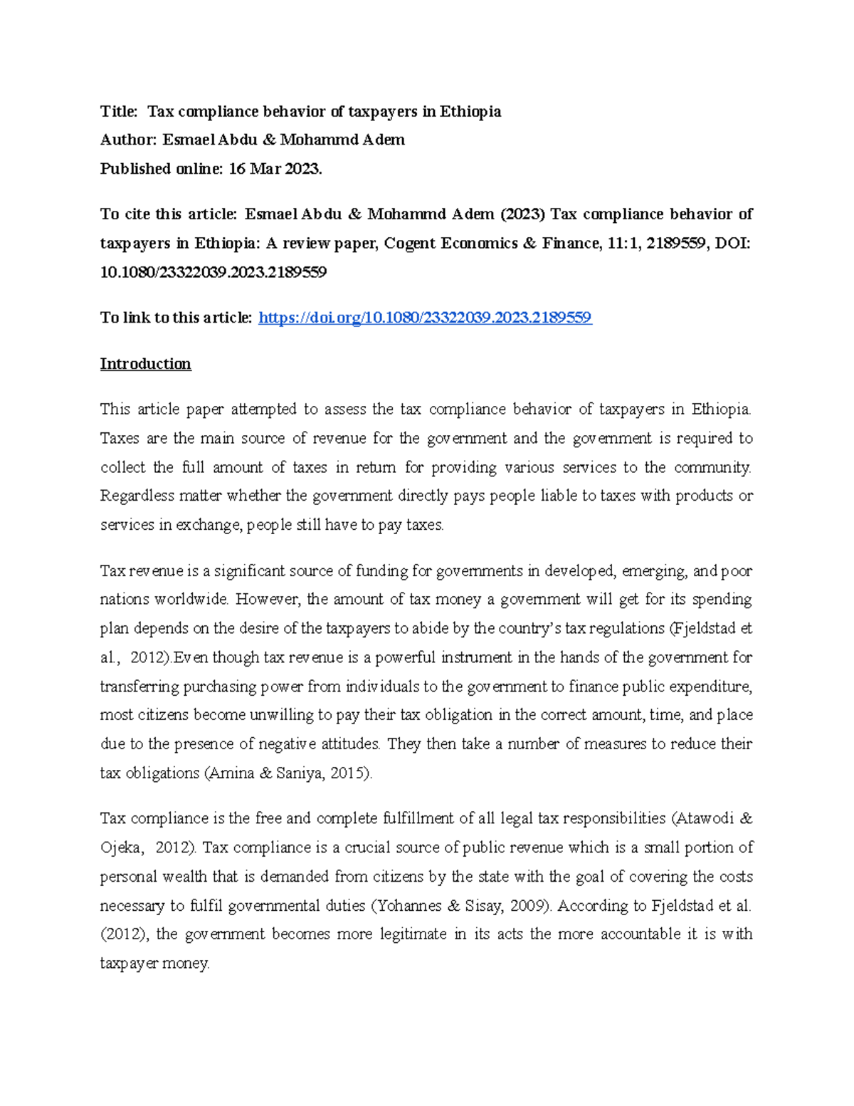 Tax compliance behavior of taxpayers in Ethiopia - To cite this article ...