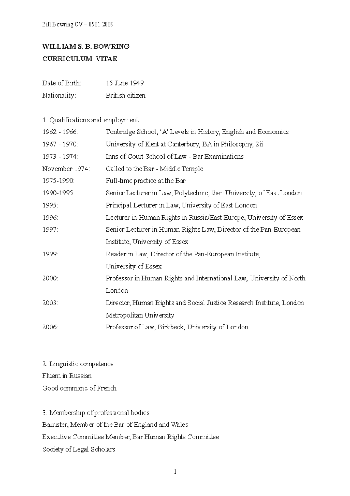 Birkbeckacademiaedu Bill Bowring - WILLIAM S. B. BOWRING CURRICULUM ...