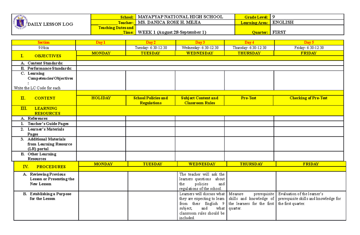 DLL WEEK 1 ENG 9 - DLL - DAILY LESSON LOG School: MAYAPYAP NATIONAL ...