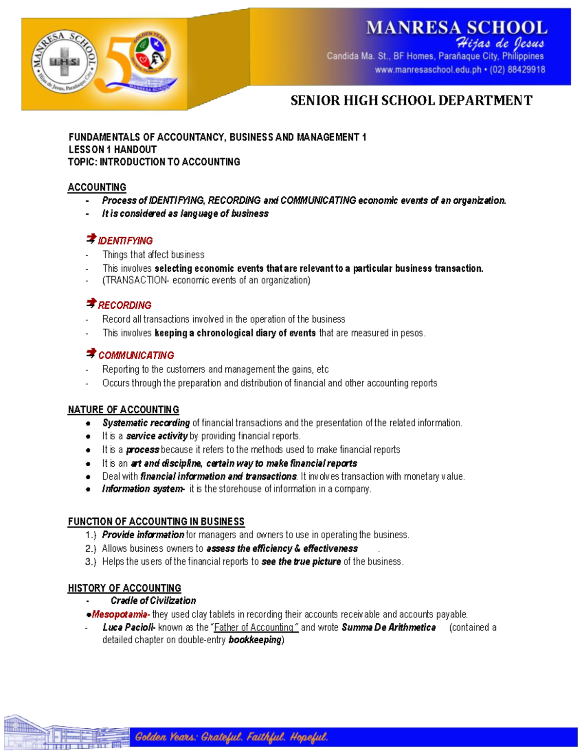 Lesson 1 Handout - Accounting 1 - SENIOR HIGH SCHOOL DEPARTMENT ...