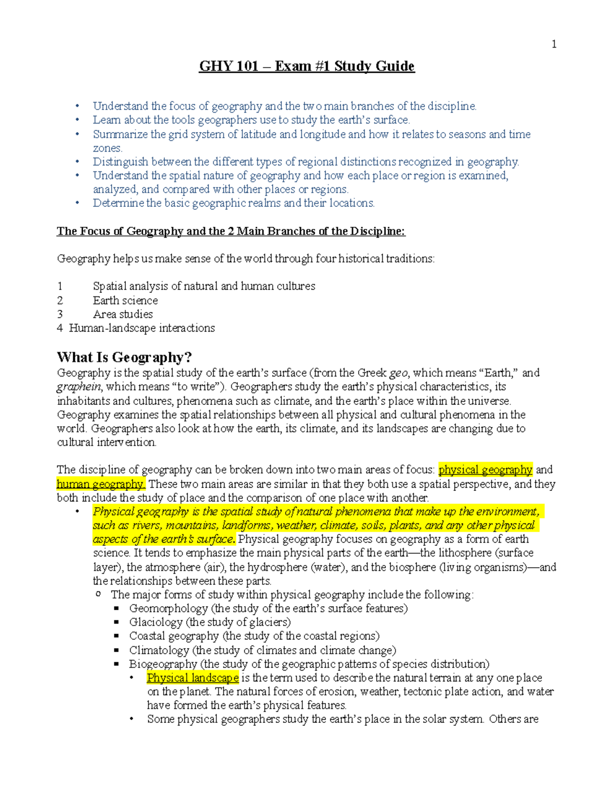 Official Exam #1 Review (GHY 101) - 1 GHY 101 Exam Study Guide ...