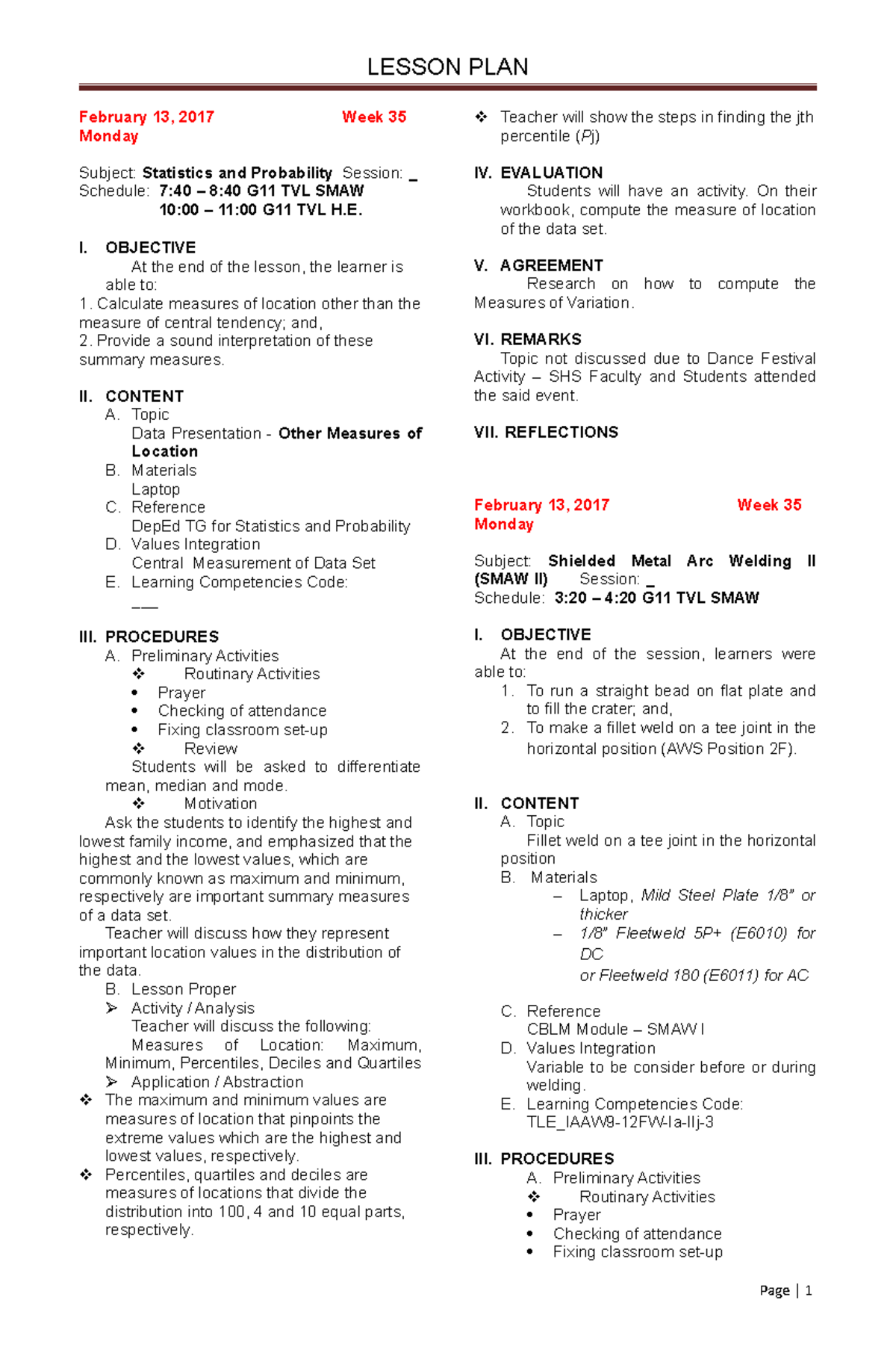 Lesson Plan - February 13-17 & 18, 2017 - February 13, 2017 Week 35 ...