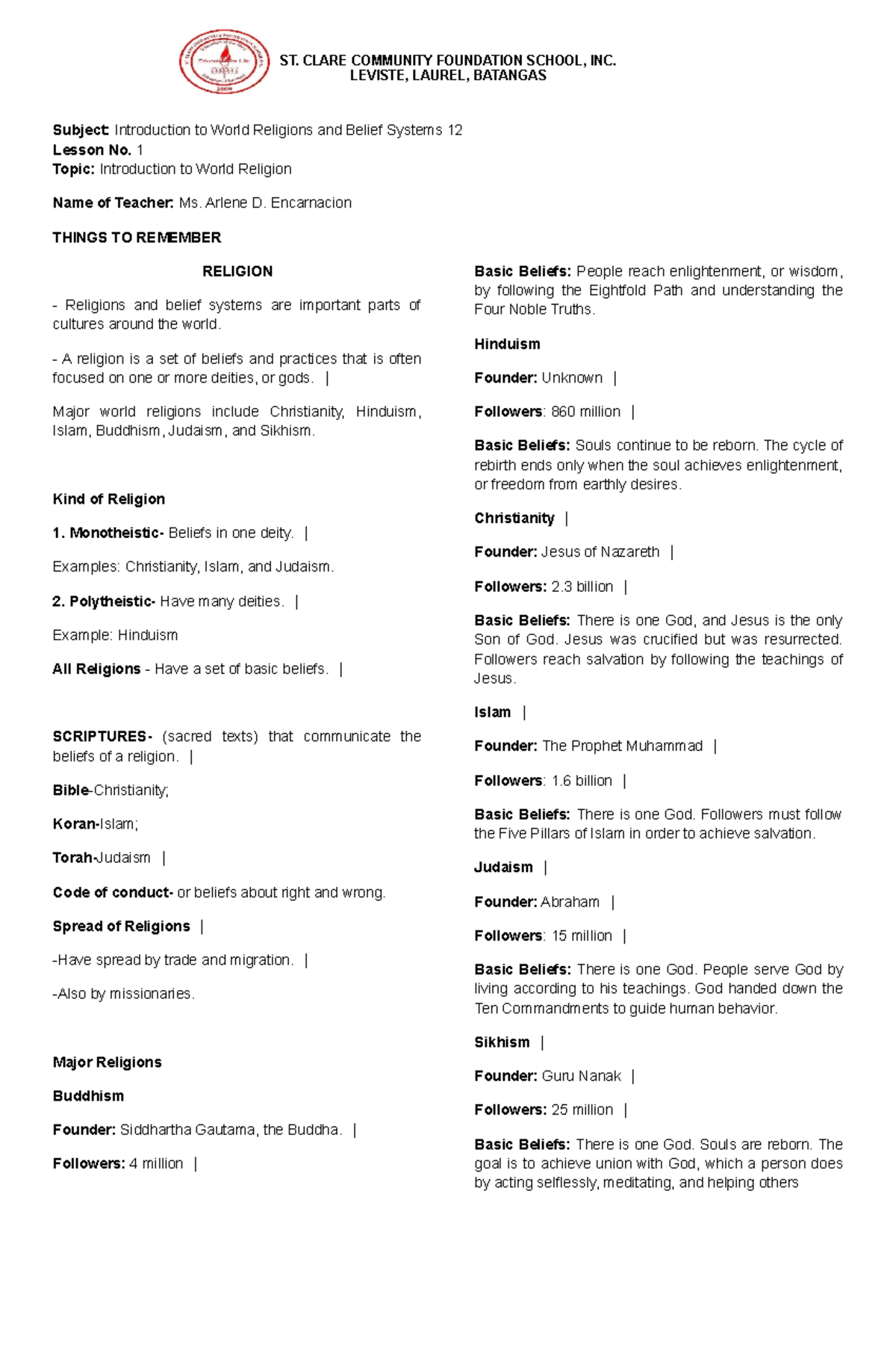 Intro to World Religion 12 Lesson 1 - ST. CLARE COMMUNITY FOUNDATION ...
