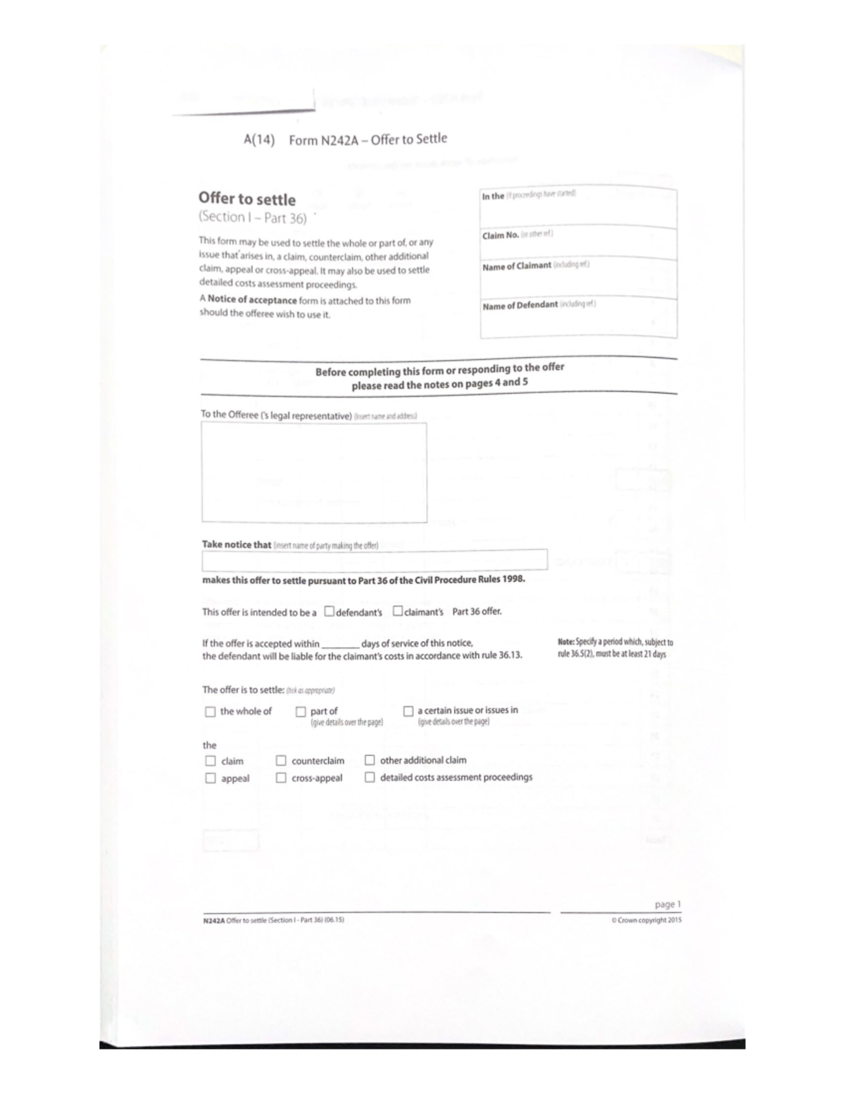 A(14) Form N242A - Offer to Settle - SXL‑3135 - Studocu
