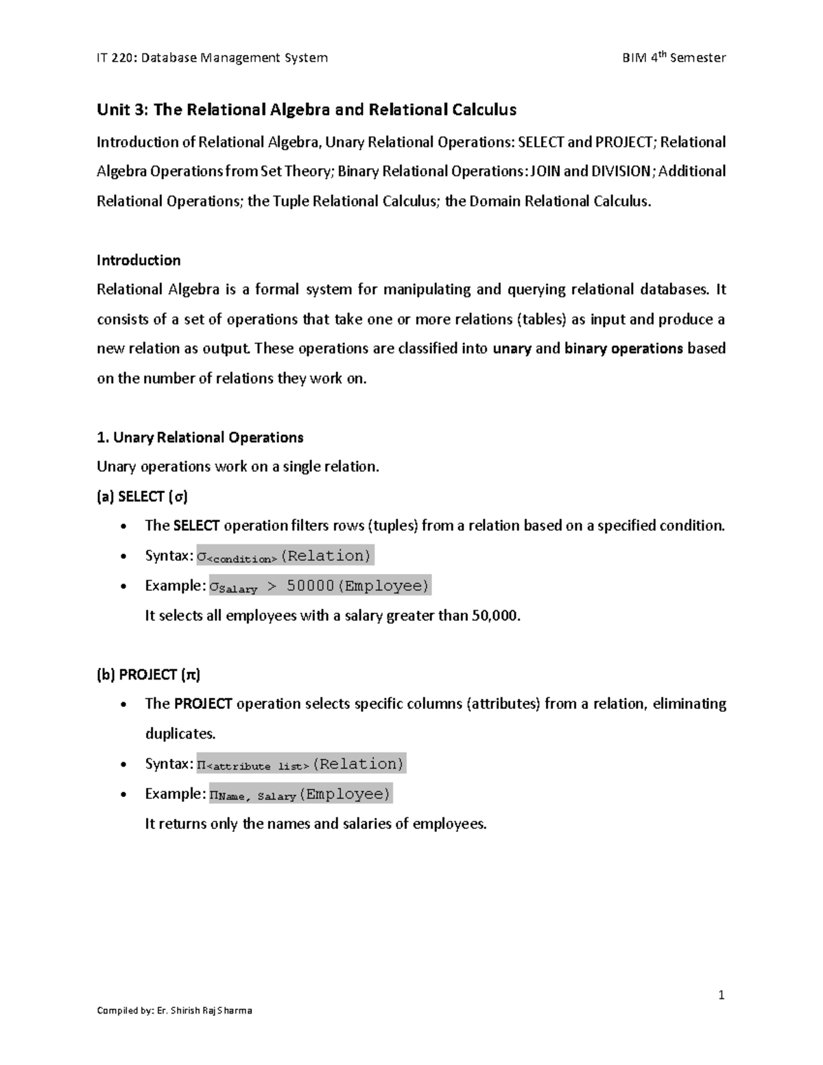 Unit 3 - Relational Algebra and Calculus - 1 Unit 3: The Relational Algebra and Relational ...