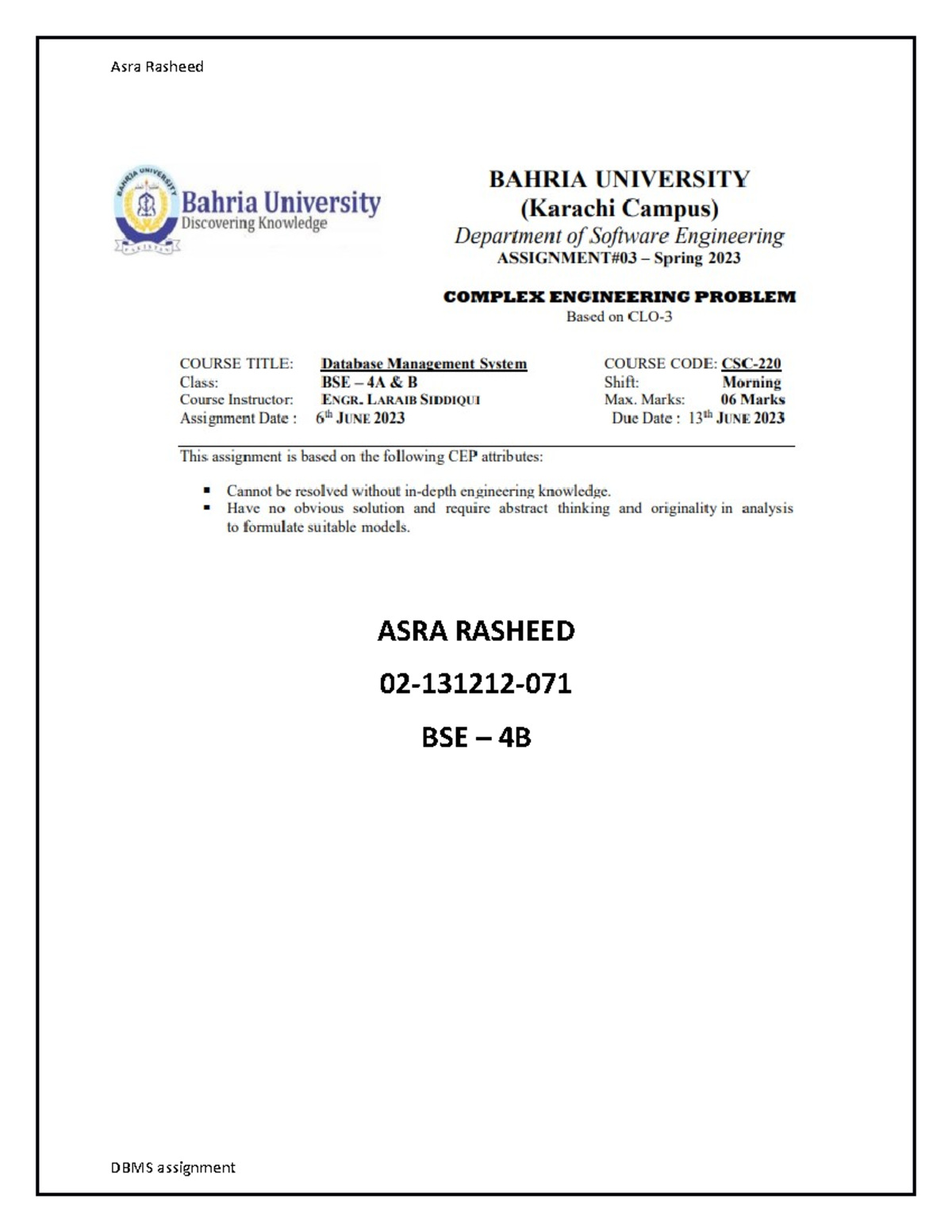 Asradbms 3hoo - WAHAHHAHAAAAAAAAAAAAAAAAA - ASRA RASHEED 02-131212- BSE – 4B 1 and 2 are not ...