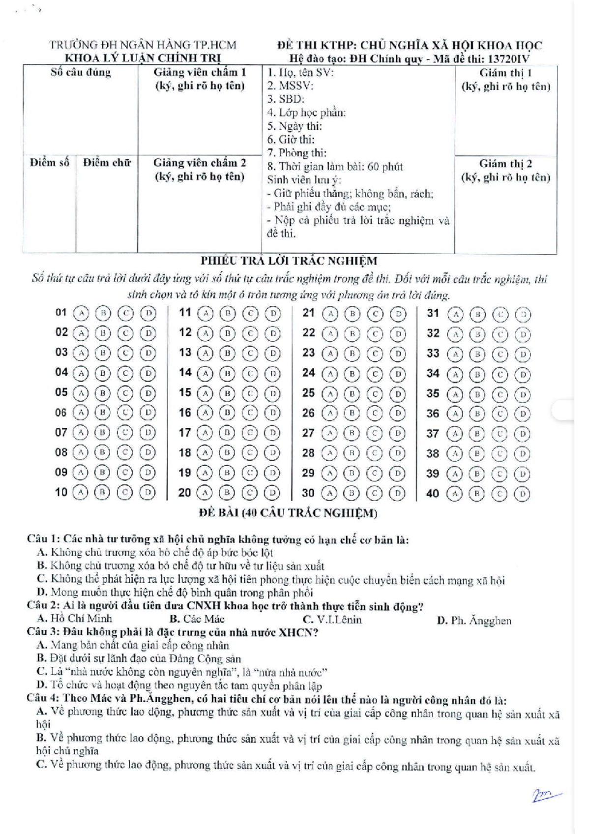 DE 19 20 - De thi on tap - TRUONG DH NGÂN HANG TP DÉ THI KTHP: CHU ...