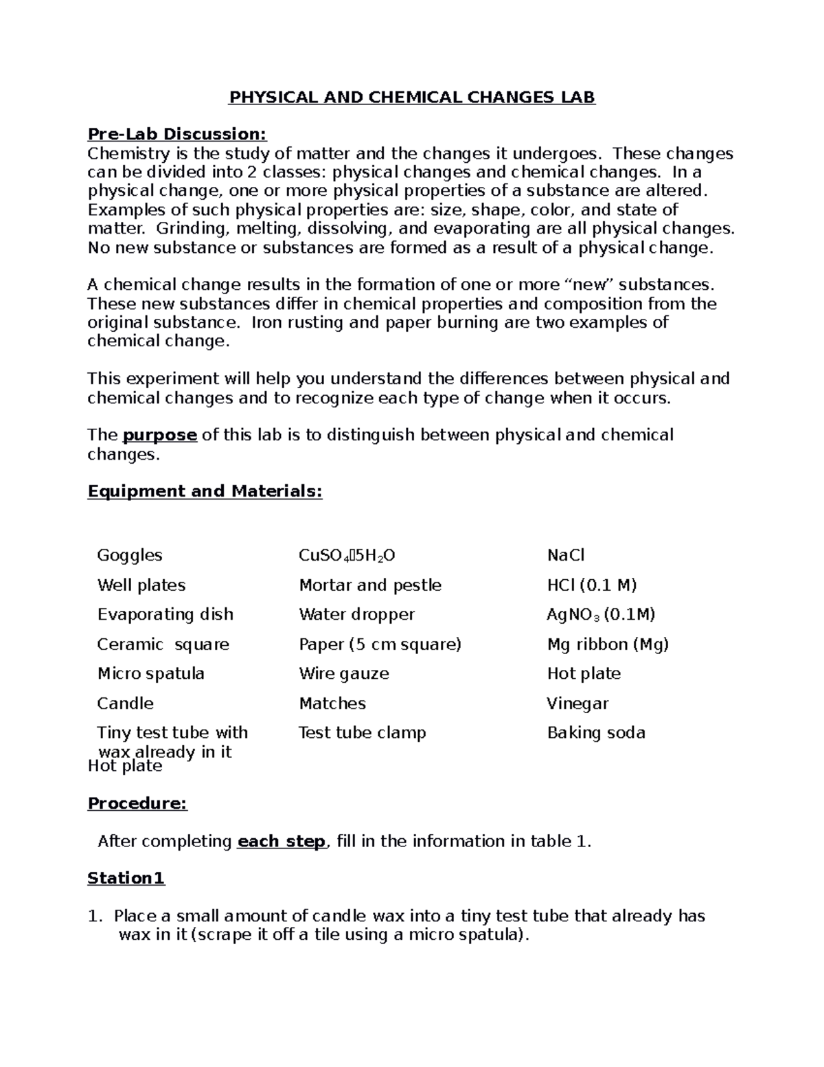 Phy Chem Change Lab - Lab report - PHYSICAL AND CHEMICAL CHANGES LAB ...