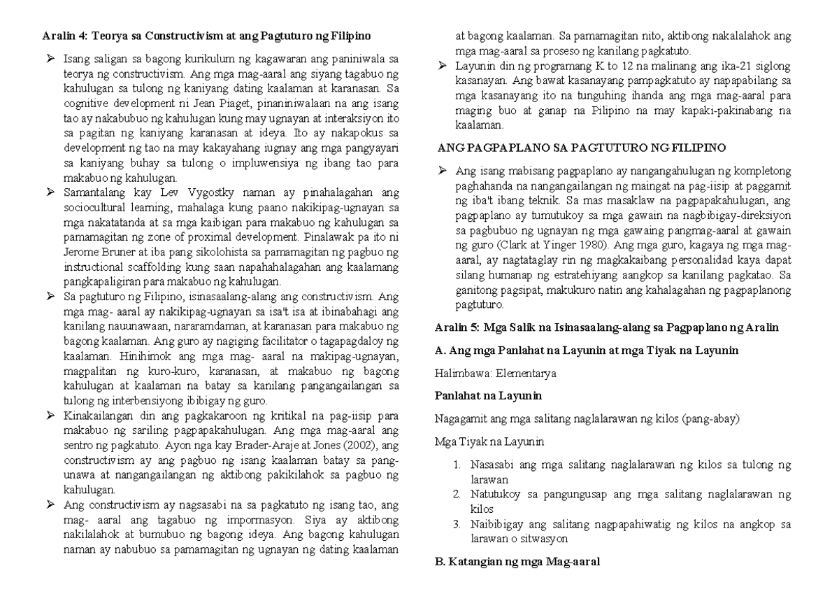 FIlipino notes midterm - Aralin 4: Teorya sa Constructivism at ang ...