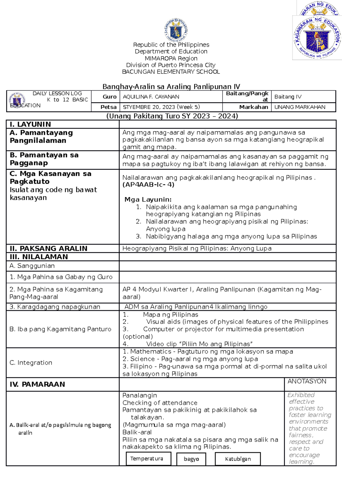 CO Q1 AP4 Week4 - sample CO for ARPAN - Republic of the Philippines ...