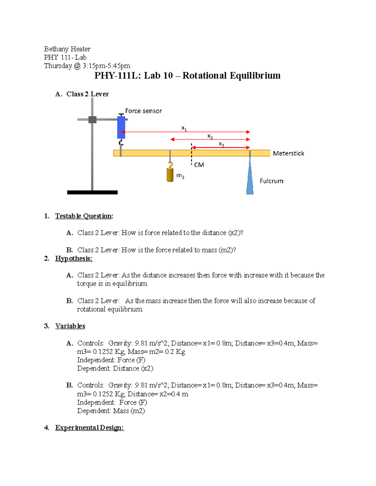 PHY111L Lab 10 Rotational Equilibrium 3 - Bethany Heater PHY 111- Lab Thursday @ 3:15pm-5:45pm ...