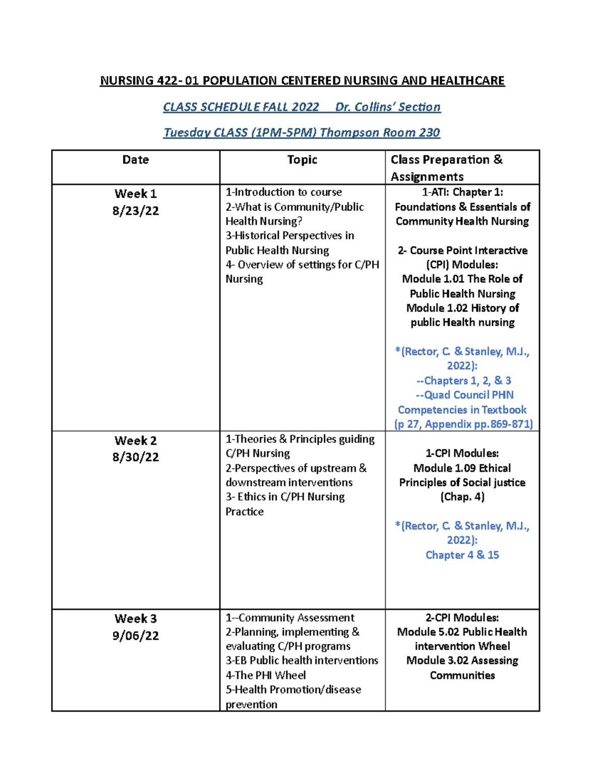 NUR 422 Class Schedule Fall 2022 (f) - NURSING 422- 01 POPULATION ...