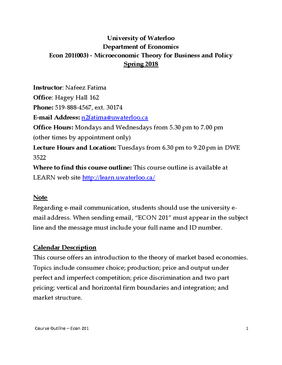 Econ 201 course content - University of Waterloo Department of ...