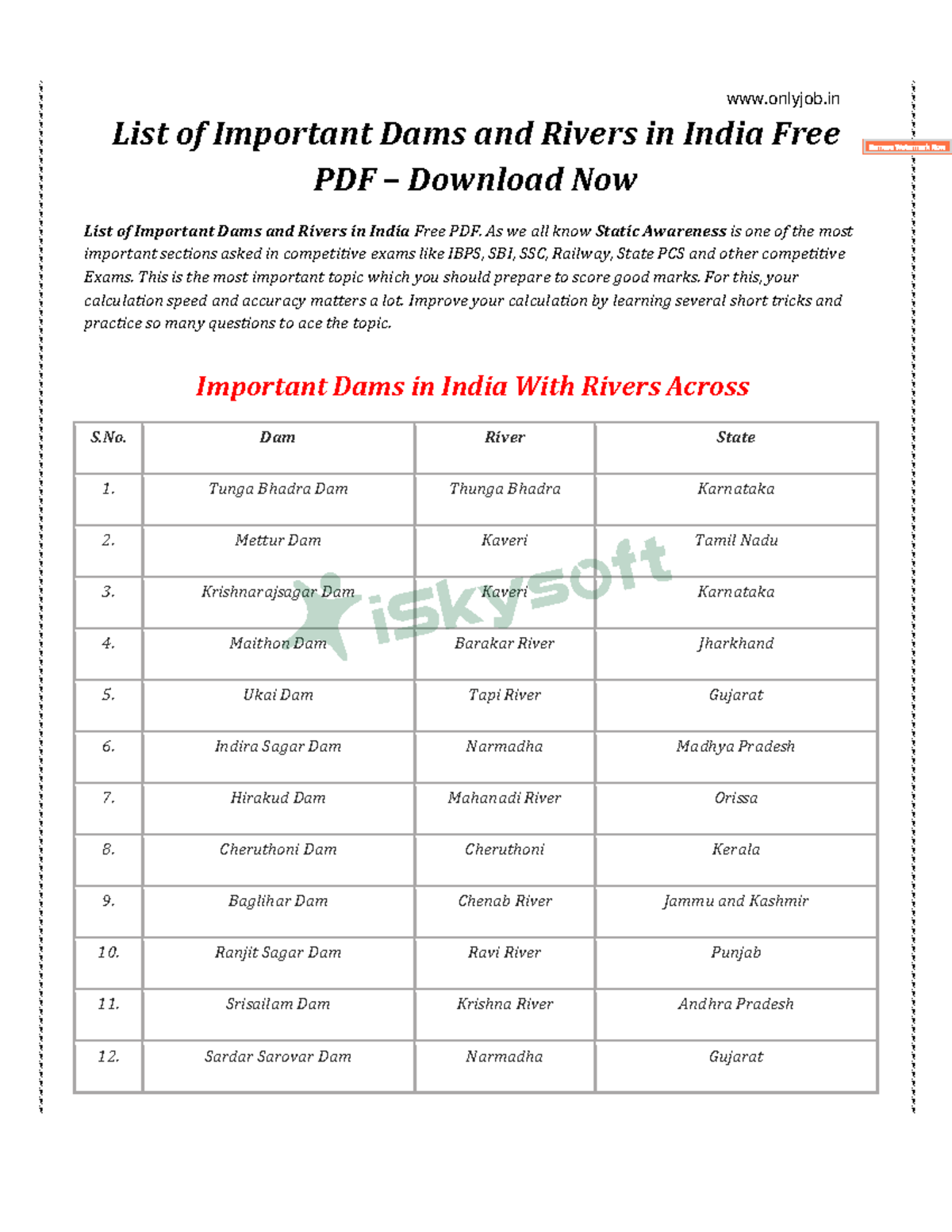 List-Important-Dams-And-Rivers-In-India - List of Important Dams and ...