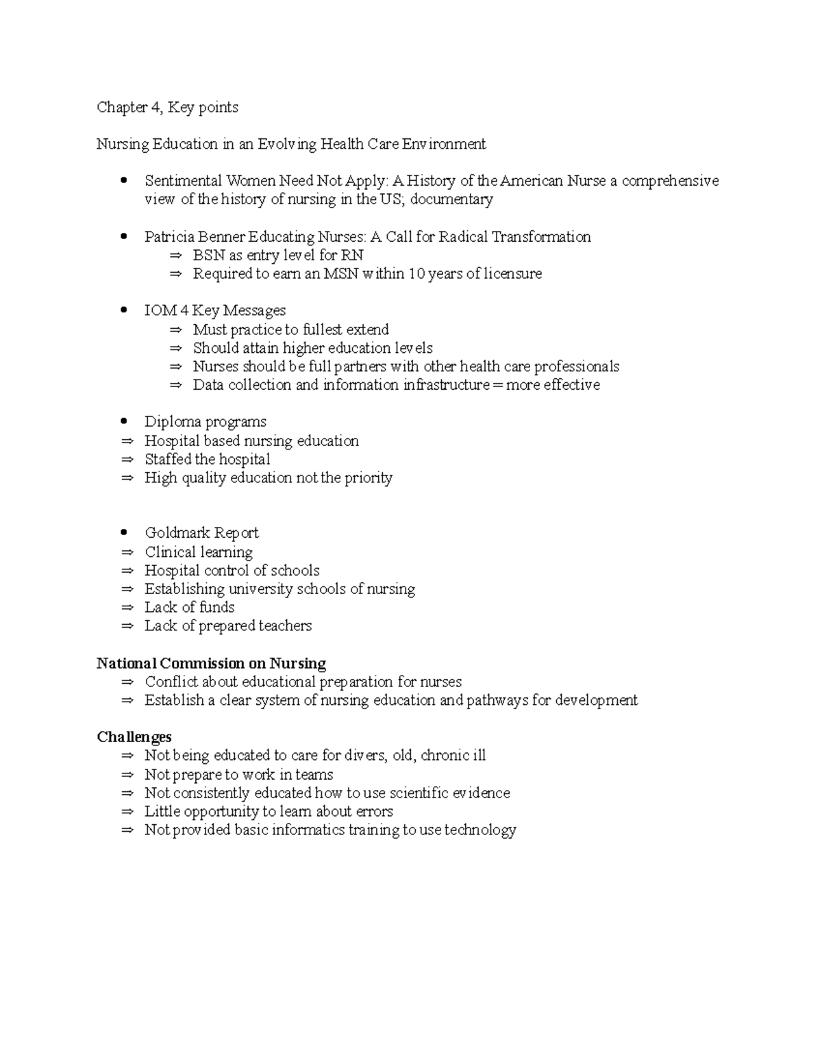 Chapter 4 key notes - ..... - Chapter 4, Key points Nursing Education ...