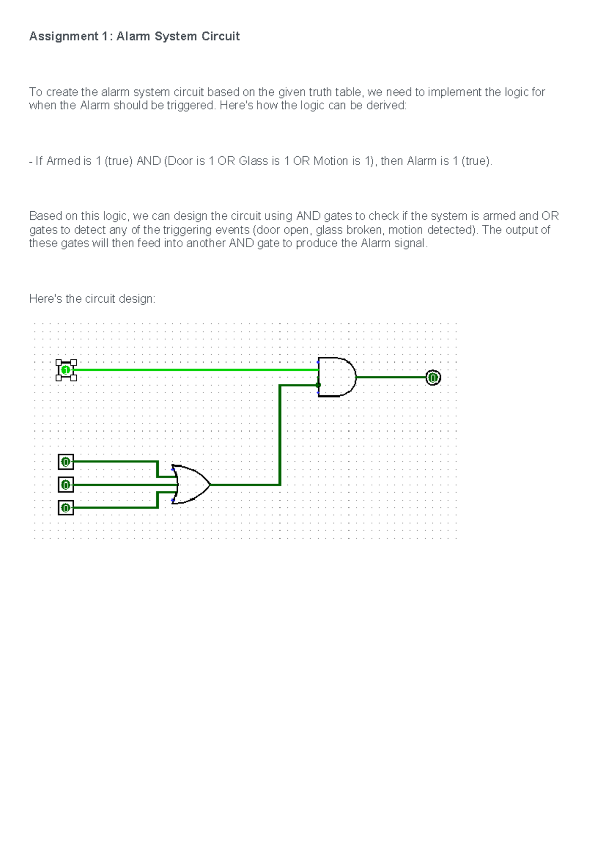 AU2 - Assignment 1: Alarm System Circuit To create the alarm system circuit based on the given ...