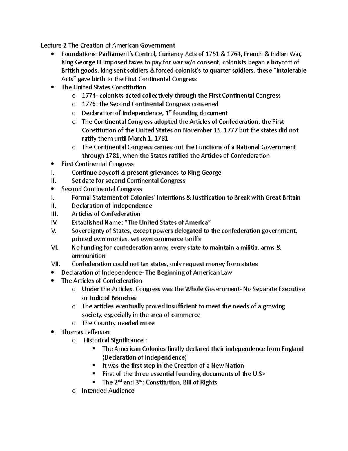 Chap 1 Lecture 2 The Creation of American Government - Lecture 2 The ...