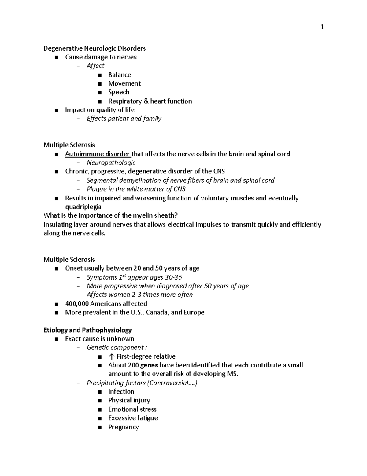 Multiple Sclerosis LECT Notes - Degenerative Neurologic Disorders Cause ...