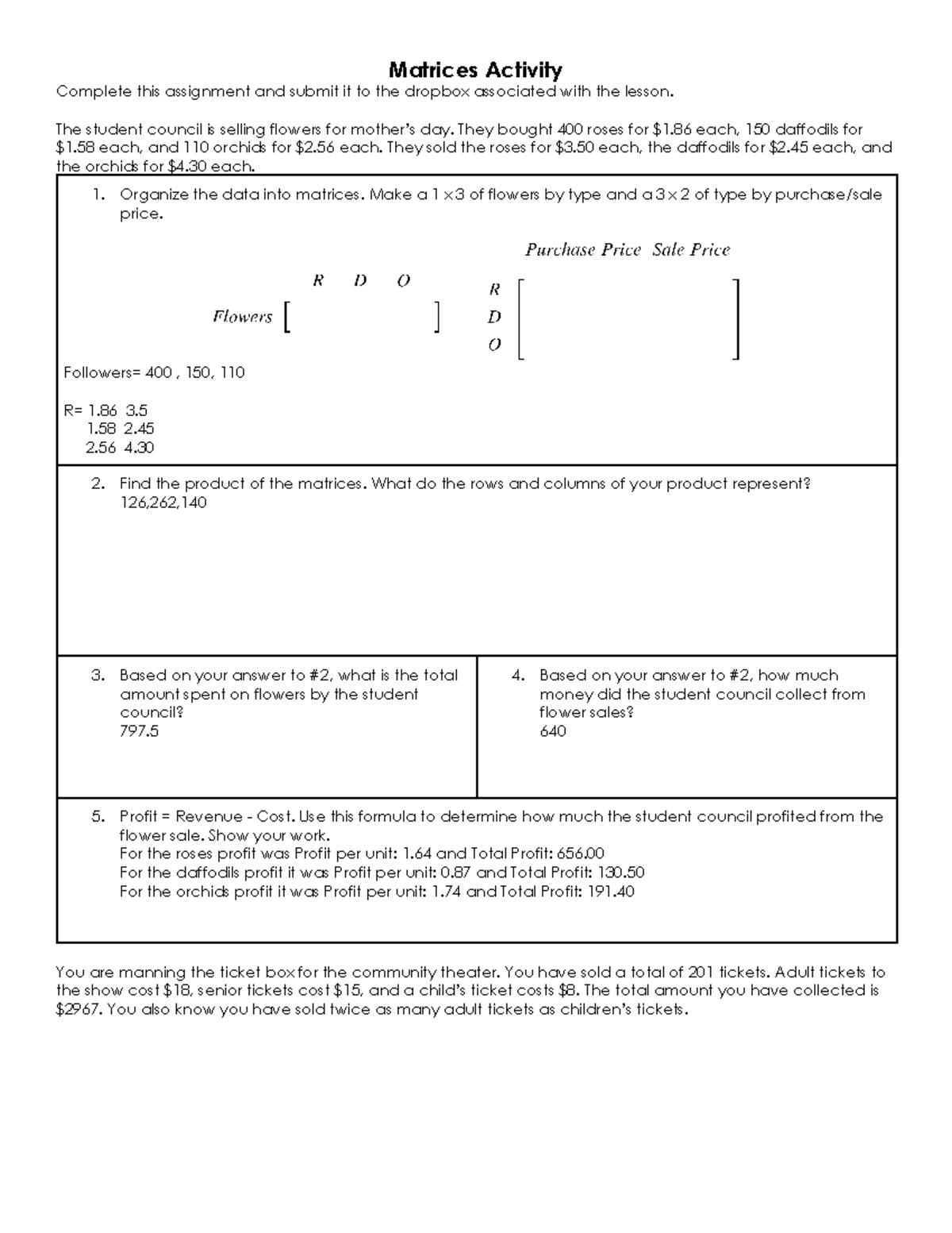 Matrices Activity - This assignment has all the answers you need! - Matrices Activity Complete ...