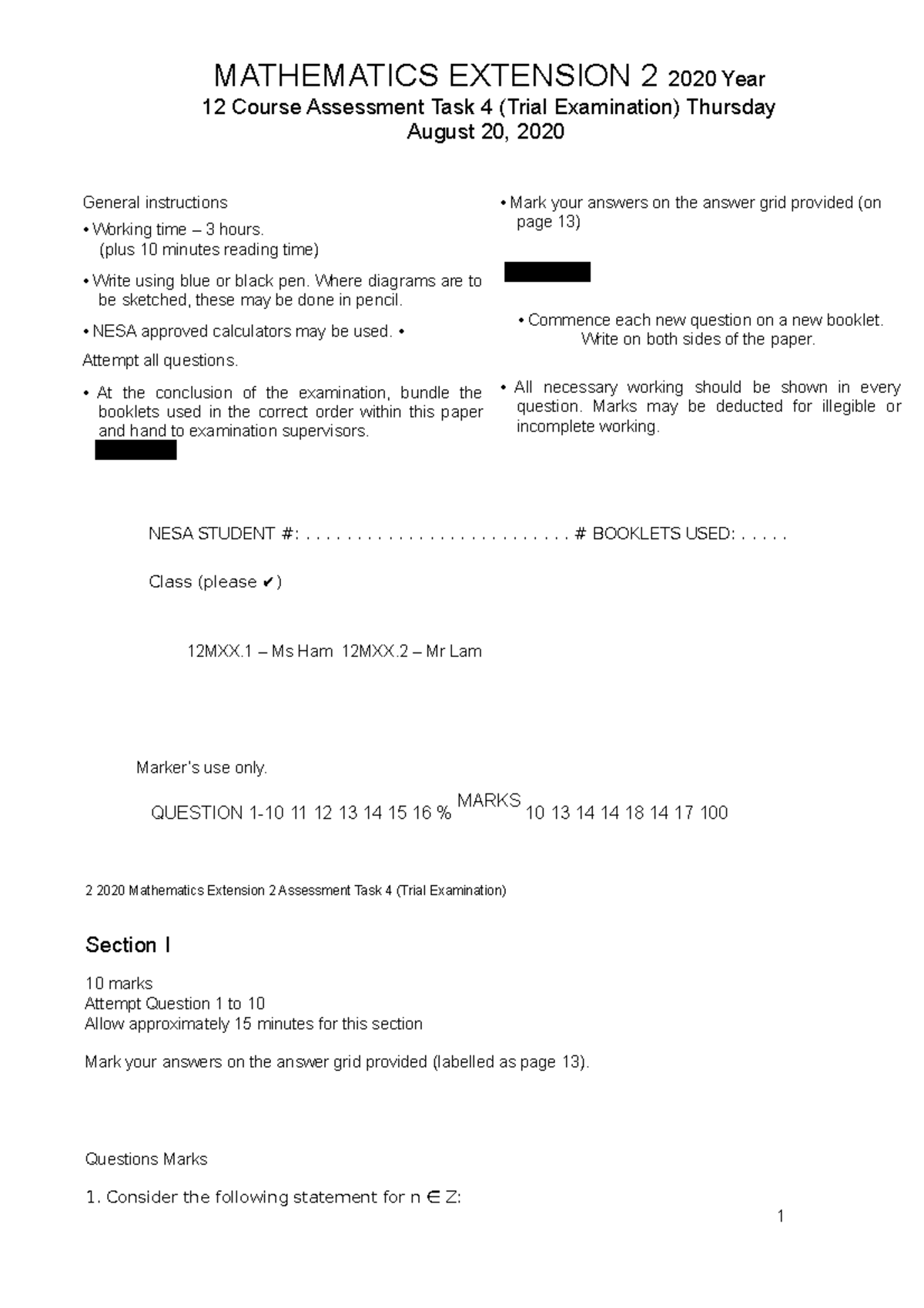 Normanhurst Extension 2 Trial 2020 - MATHEMATICS EXTENSION 2 2020 Year 12 Course Assessment Task ...