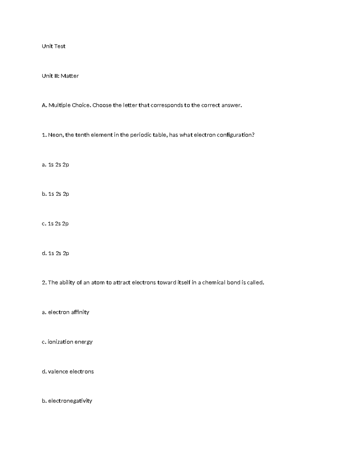 Science JOY2 - Unit Test Unit II: Matter A. Multiple Choice. Choose the ...