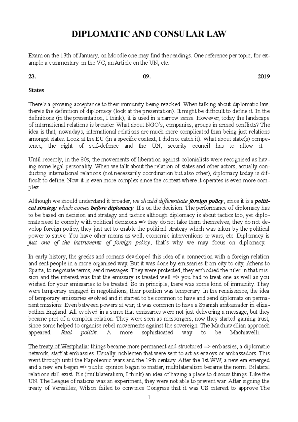 Diplomatic and consular law - DIPLOMATIC AND CONSULAR LAW Exam on the ...